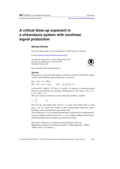 A Critical Blow Up Exponent In A Chemotaxis System With Nonlinear