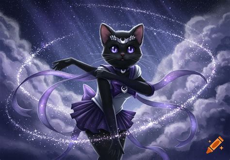 A Black Cat Character Dressed As Sailor Moon Poses Among Purple Ribbons