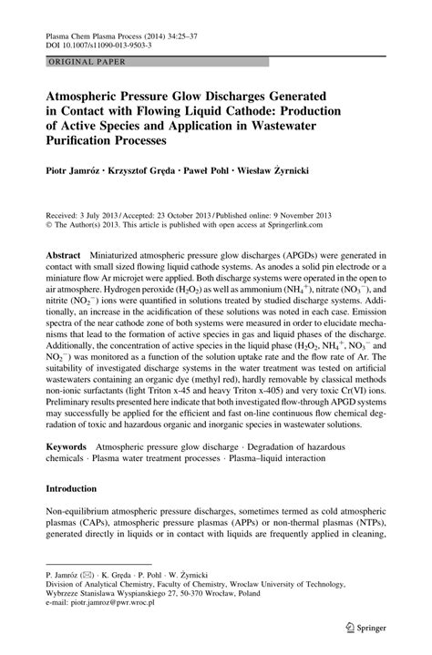 Pdf Atmospheric Pressure Glow Discharges Generated In Contact With