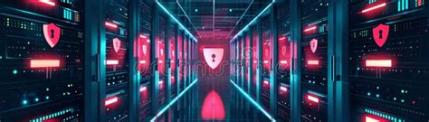 Futuristic Server Room With Vibrant Security Icons Illustrating Data Protection In A Modern