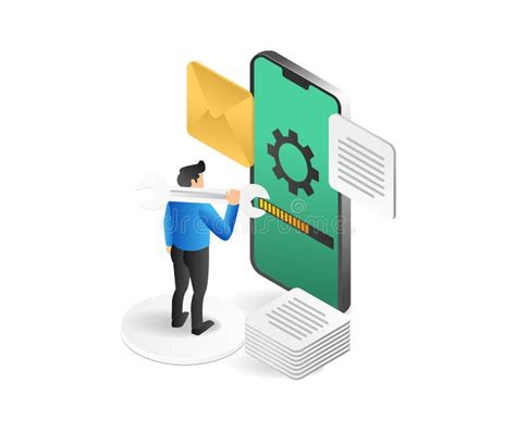 Isometric Flat 3d Illustration Concept Of Man Maintaining Smartphone App Stock Illustration