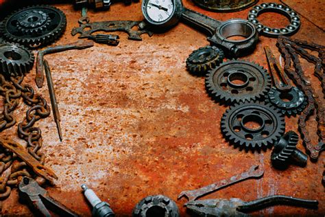 오토바이 도구 장비 및 수리 체인 기어와 빈티지 금속 배경 강철에 대한 스톡 사진 및 기타 이미지 강철 개체 그룹 공예