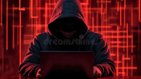 Hooded Hacker Typing On Laptop In Shadowy Workspace Representing