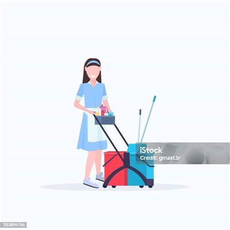 여성 하 녀 들고 트롤리 카트 용품 여성 청소기 청소부 유니폼 청소 서비스 개념 평면 전체 길이 카트에 대한 스톡 벡터 아트 및 기타 이미지 Istock