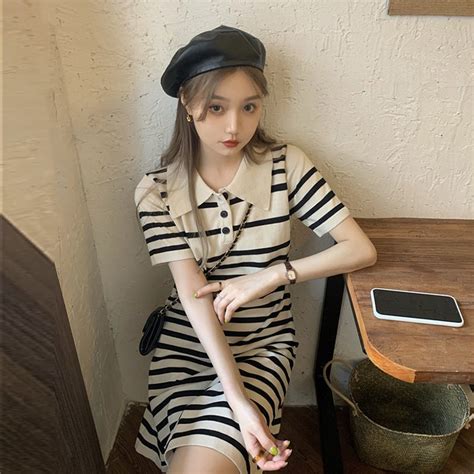 桃園優品 條紋短袖洋裝夏季韓版2023新款polo領中長款顯瘦遮肉休閒裙子女 蝦皮購物