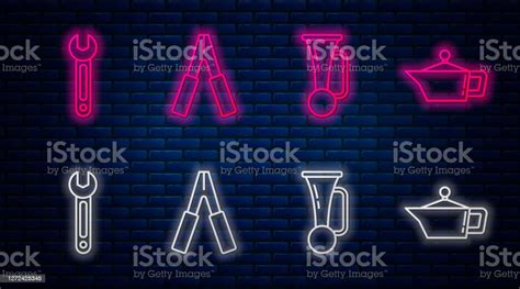 자동차 배터리 점퍼 전원 케이블 차량의 신호 경적 렌치 및 모터 머신 오일용 캐니스터를 설정합니다 벽돌 벽에 빛나는 네온 아이콘 벡터 교통수단에 대한 스톡 벡터 아트 및