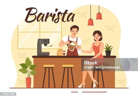 바리스타 그림 평면 만화 손으로 그린 랜딩 페이지 또는 웹 배너 템플릿에서 고객을 위해 커피를 만드는 스탠딩 앞치마를 입고 있다