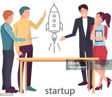프로젝트 생성 시작 계획과의 팀워크 동료들은 전략으로 일하고 발사를 시작합니다 개념에 대한 스톡 벡터 아트 및 기타 이미지