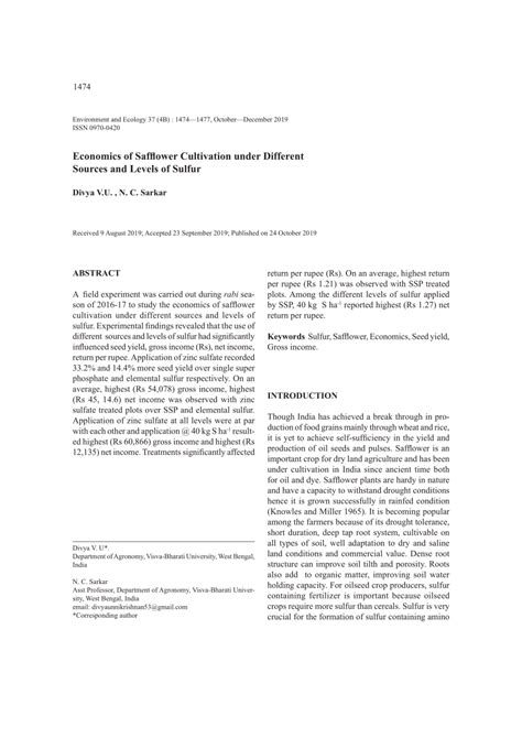 Pdf Economics Of Safflower Cultivation Under Different Sources And Levels Of Sulfur