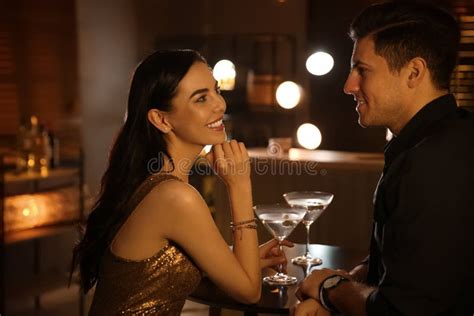Man And Woman Flirting With Each Other In Bar Stock Image Image Of