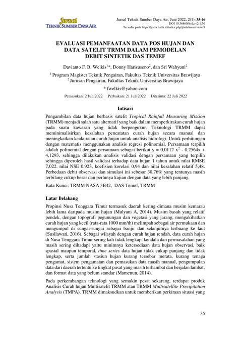 Pdf Pemodelan Debit Dengan Data Curah Hujan Dari Rain Gauges Dan Data Trmm Pada Das Temef Di