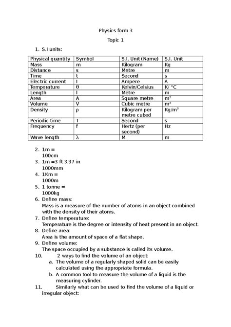 Physics Form 3 Topic 1 Si Units And Measurement Techniques Studocu