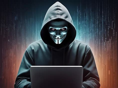 Hacker Wearing The Anonymous Mask And Hoodie On Dark Binary Code