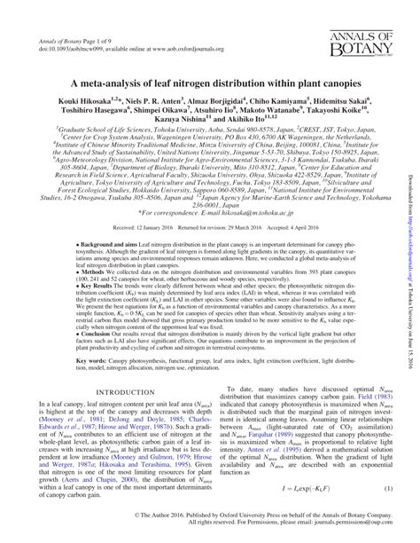 Pdf A Meta Analysis Of Leaf Nitrogen Distribution Within Plant Canopies