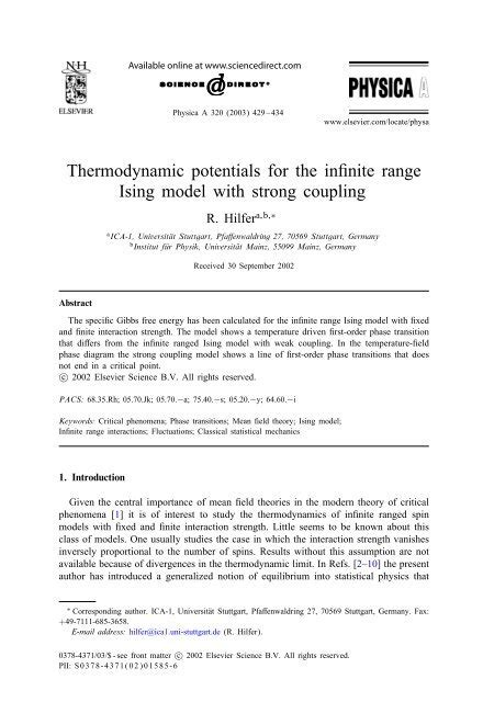 Thermodynamic Potentials For The Infinite Range Ising Model With