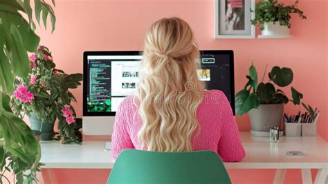 Girly Blonde Woman Typing On A Computer Laptop Notebook On Her Desk In
