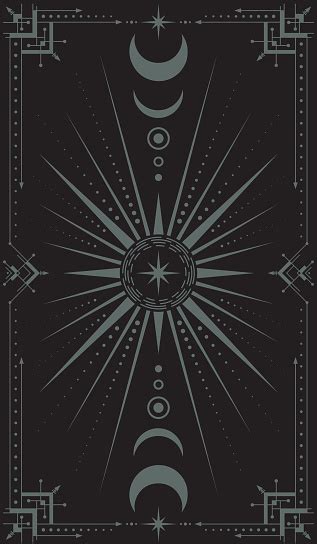 화려한 기하학적 프레임 달 위상 동심 원과 뾰족한 빔과 큰 별과 벡터 마법의 어두운 배경 초승달과 장식 테두리가있는 신비한 수직 배너 타로 카드에 대한 스톡 벡터 아트 및