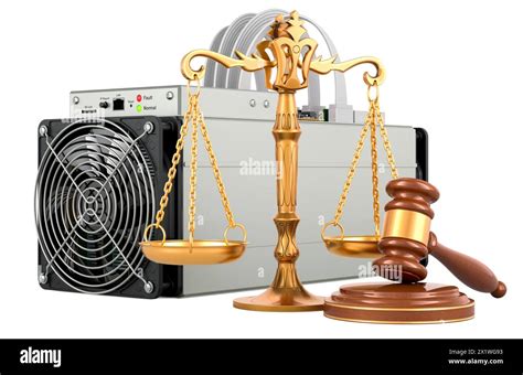 Asic Miner With Wooden Gavel And Scales Of Justice 3d Rendering