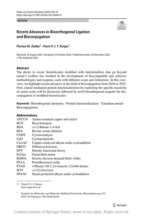Pdf Recent Advances In Bioorthogonal Ligation And Bioconjugation