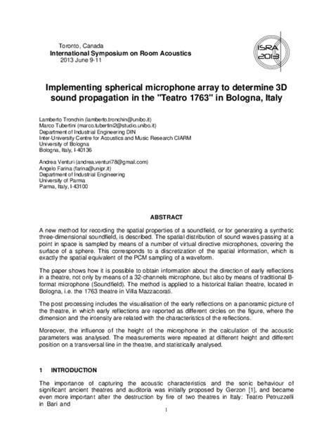 Pdf Implementing A Spherical Microphone Array To Determine 3d Sound Propagation In Theteatro