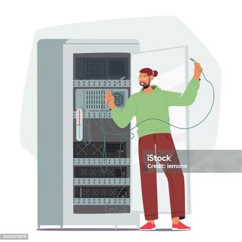 시스템 관리 문자 시스템 관리자 서버 랙 서비스 시스템 관리자 유지 관리 구성 데이터 센터에 대한 스톡 벡터 아트 및 기타