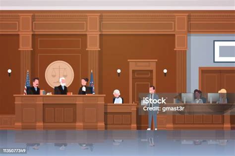 판사 장관 용의자와 변호사 또는 변호사와 법 절차는 연설 법원 세션 현대 법정 인테리어 전체 길이 수평 법정에 대한 스톡 벡터 아트 및 기타 이미지 Istock