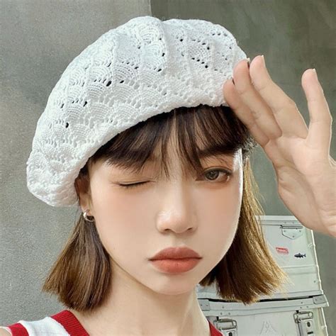 아리아리상점 여자베레모 만두모자 여성 귀엽운 에쁜 여름 시원한 니트 펀칭 베레모 모자 베레모 울베레모 가죽베레모