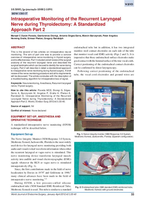 Pdf How I Do It Intraoperative Monitoring Of The Recurrent Laryngeal Nerve During