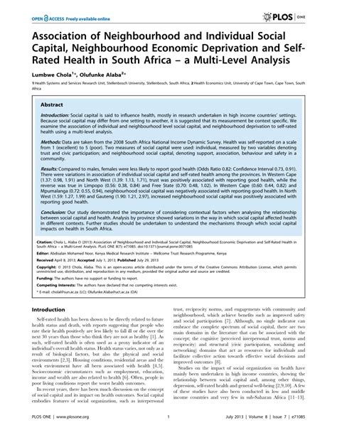 Pdf Association Of Neighbourhood And Individual Social Capital