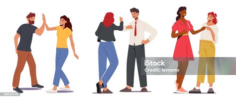 비공식 인사말 설정 흰색 배경에 고립 된 하이 파이브를주는 행복한 사람들 쾌활한 친구와 동료 만남 팀워크에 대한 스톡 벡터 아트 및 기타 이미지 Istock