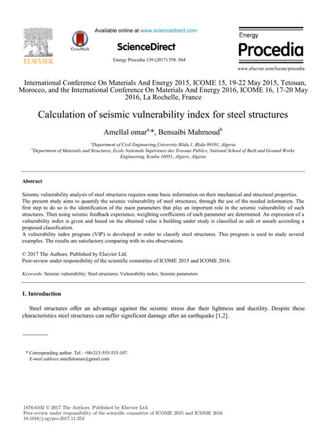 Pdf Calculation Of Seismic Vulnerability Index For Steel Structures