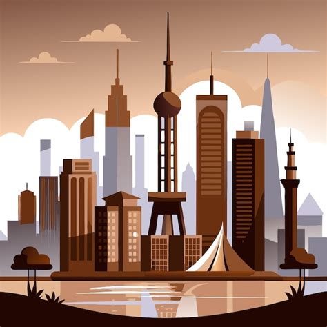 A Stylized City Skyline With Modern Buildings And Reflections Premium