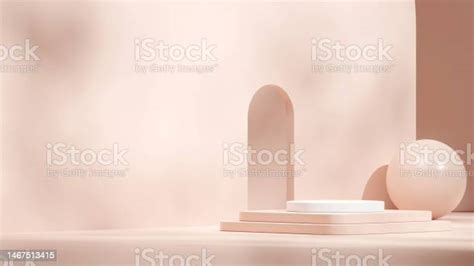 풍경 아치와 구체 배경 벽 3d에서 밝은 빨간색과 흰색 연단은 빈 장면을 렌더링합니다 0명에 대한 스톡 사진 및 기타 이미지