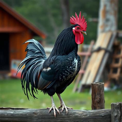A Black And White Rooster On A Wooden Fence Big Black Cockerel Ultra