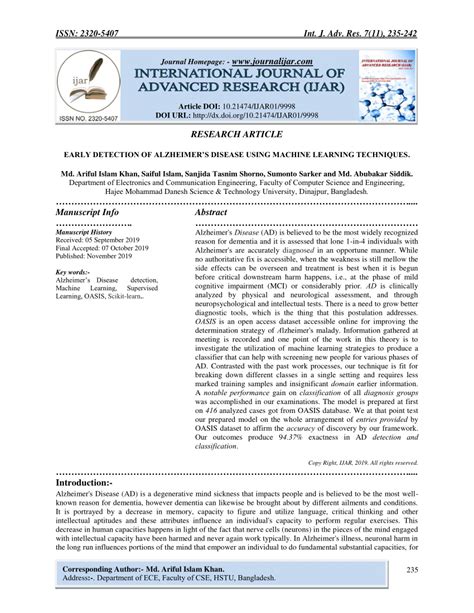 Pdf Early Detection Of Alzheimers Disease Using Machine Learning Techniques