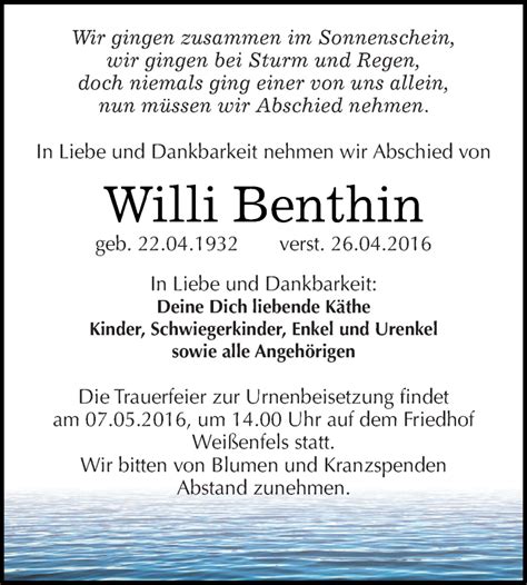 Traueranzeigen Von Willi Benthin Abschied Nehmende