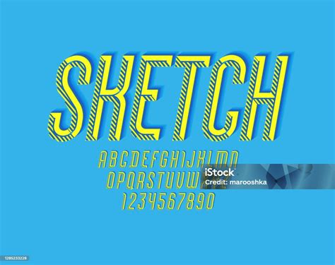 줄무늬 글꼴 트렌디 한 플랫 컬러 알파벳 산세리프 0에서 9까지 A에서 Z및 아랍 번호로 현대 압축 라틴어 문자 벡터 일러스트 10eps 개념에 대한 스톡 벡터 아트 및