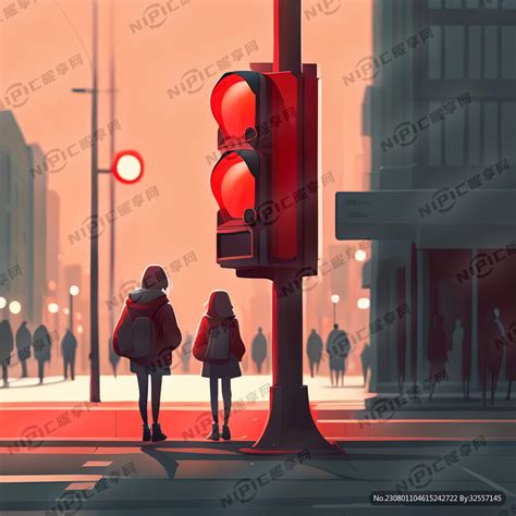 Ai创作图等红灯 城市街道 可爱 多个人物 简洁清新 昵图网