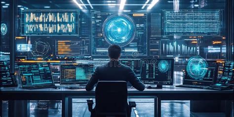 A Man Sits At A Desk Surrounded By Screens Displaying Complex Data And Visualizations Stock