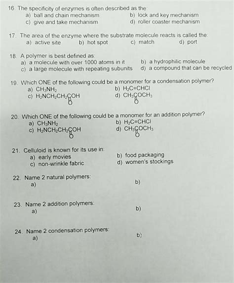 Solved 16 The Specificity Of Enzymes Is Often Described As
