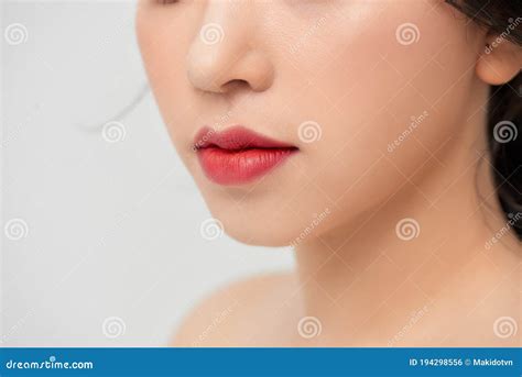 Close Up Shot Of Woman Lips With Red Lipstick Beautiful Perfect Lips