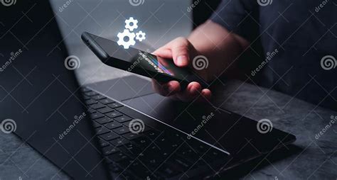 Woman Updating System On Smartphone Stock Image Image Of Firmware