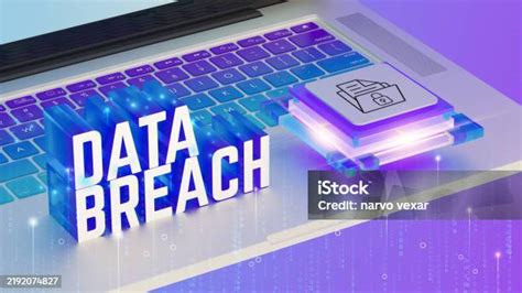 노트북 키보드 데이터 침해 개념 3d 텍스트 빛나는 네온 불빛 사이버 보안 아이콘 보라색 및 파란색 그라디언트 바이너리 코드 미래 지향적인 디자인 홀로그램 효과 3d 렌더링