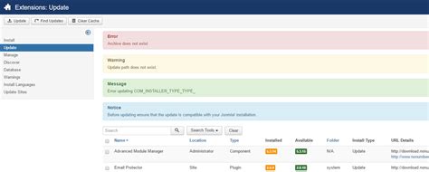 joomla cannot install update any extensions permissions stack
