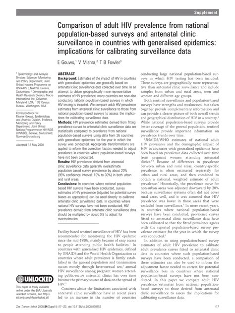 Pdf Comparison Of Adult Hiv Prevalence From National Population Based Surveys And Antenatal