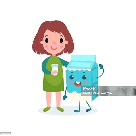 우유와 인간 답게 된 골 판지 우유 상자 아이 만화 벡터 일러스트 레이 션에 대 한 건강 식품의 유리를 가진 귀여운 소녀 건강한 생활방식에 대한 스톡 벡터 아트 및 기타