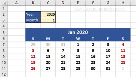 Excel で 1 つの数式を使用して週間カレンダーを作成する