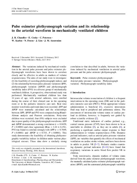 Pdf Pulse Oximeter Plethysmograph Variation And Its Relationship To The Arterial Waveform In