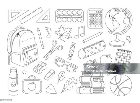 학용품 색칠 공부 페이지 배낭 지구본 책 노트북 계산기 펜 연필 물감 자 가위 등 학습 개요 세트용 문구 인쇄용 색칠 공부