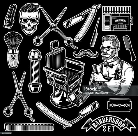 빈티지 이발소 엠블럼 라벨 및 로고 세트헤어 클리퍼와 헤어 브러시와 이발사 빈티지 이발사 의자입니다 벡터 일러스트레이션 이발소에 대한 스톡 벡터 아트 및 기타 이미지